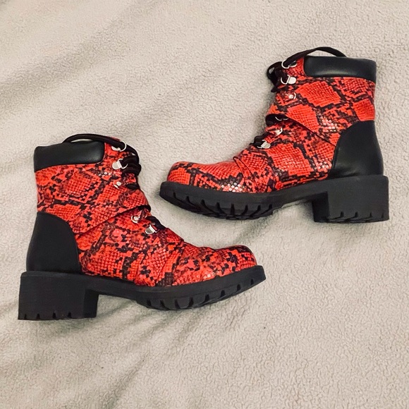 Shoes | Black And Red Red Snake Combat Boots | Poshmark